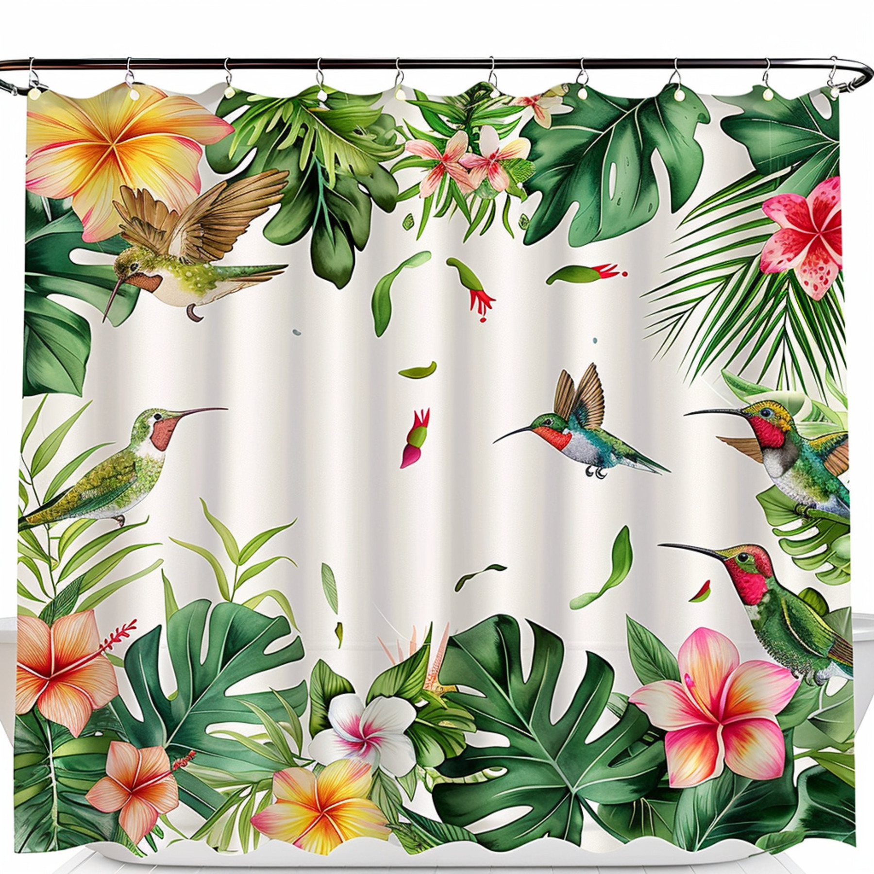 Tropical Rainforest Hummingbird Shower Curtain Bright Floral Bathroom