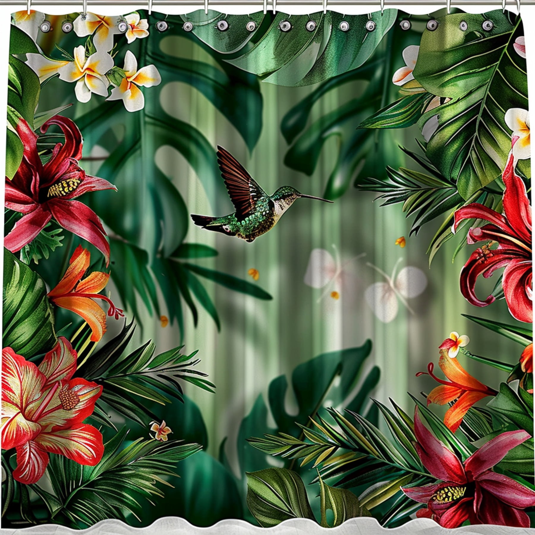 Tropical Rainforest Hummingbird Shower Curtain With Green Nature Design