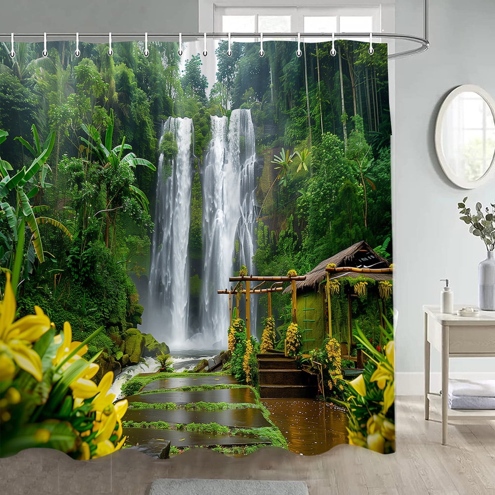 Tropical Rainforest Landscape Shower Curtains Palm Tree Green Jungle ...