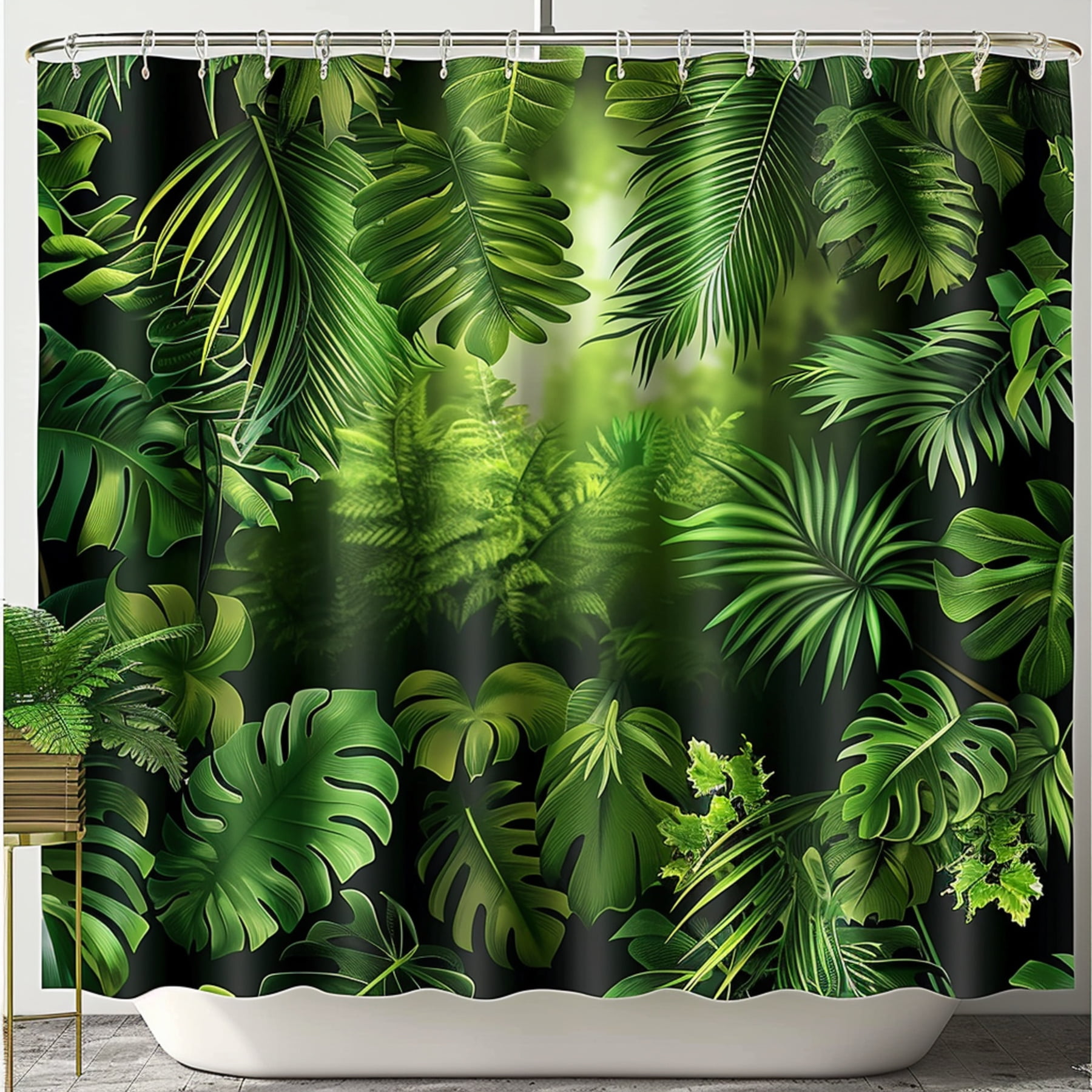 Tropical Rainforest Leaves Green Bathroom Curtain Hyper Realistic