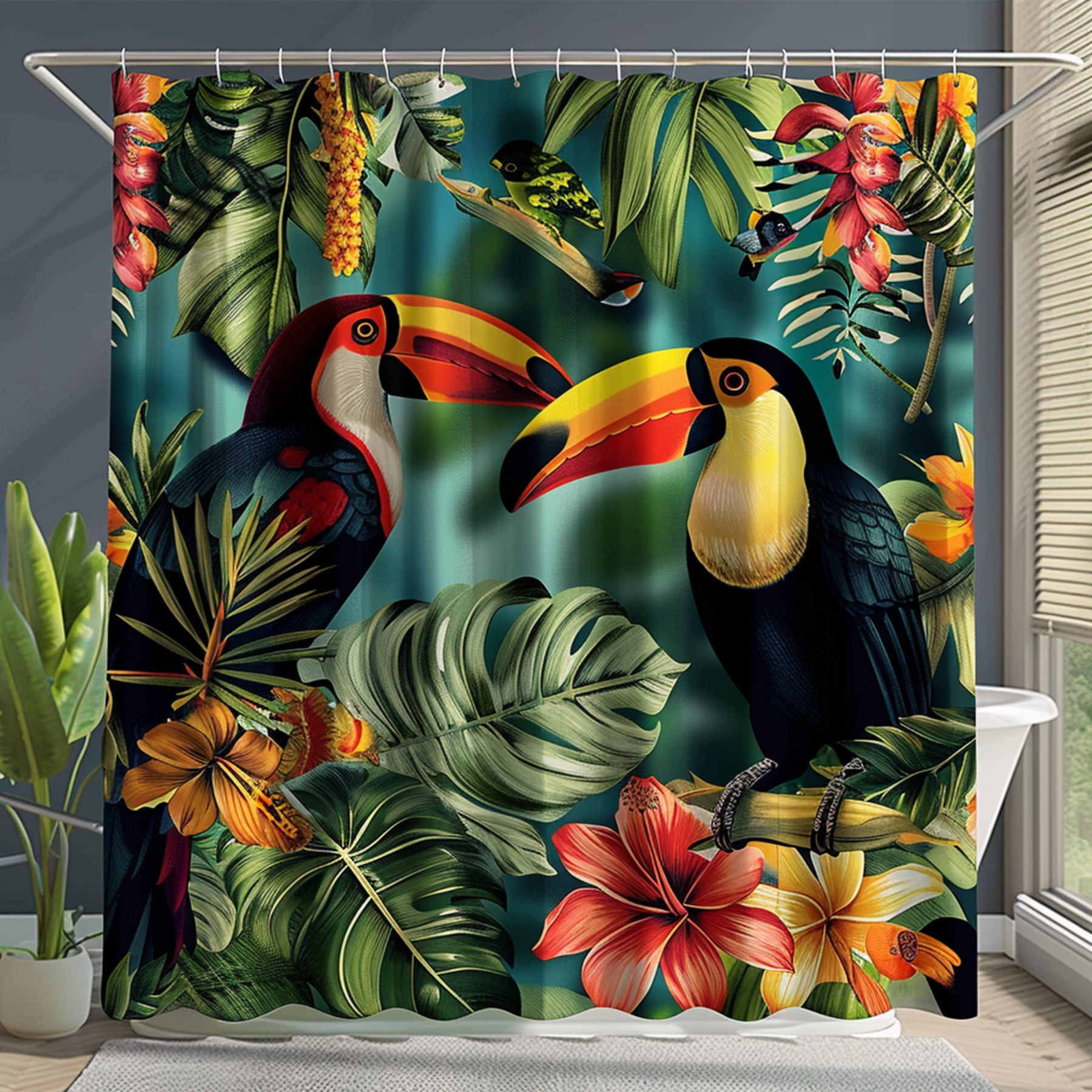 Tropical Rainforest Paradise Shower Curtain Exotic Birds Palm Trees