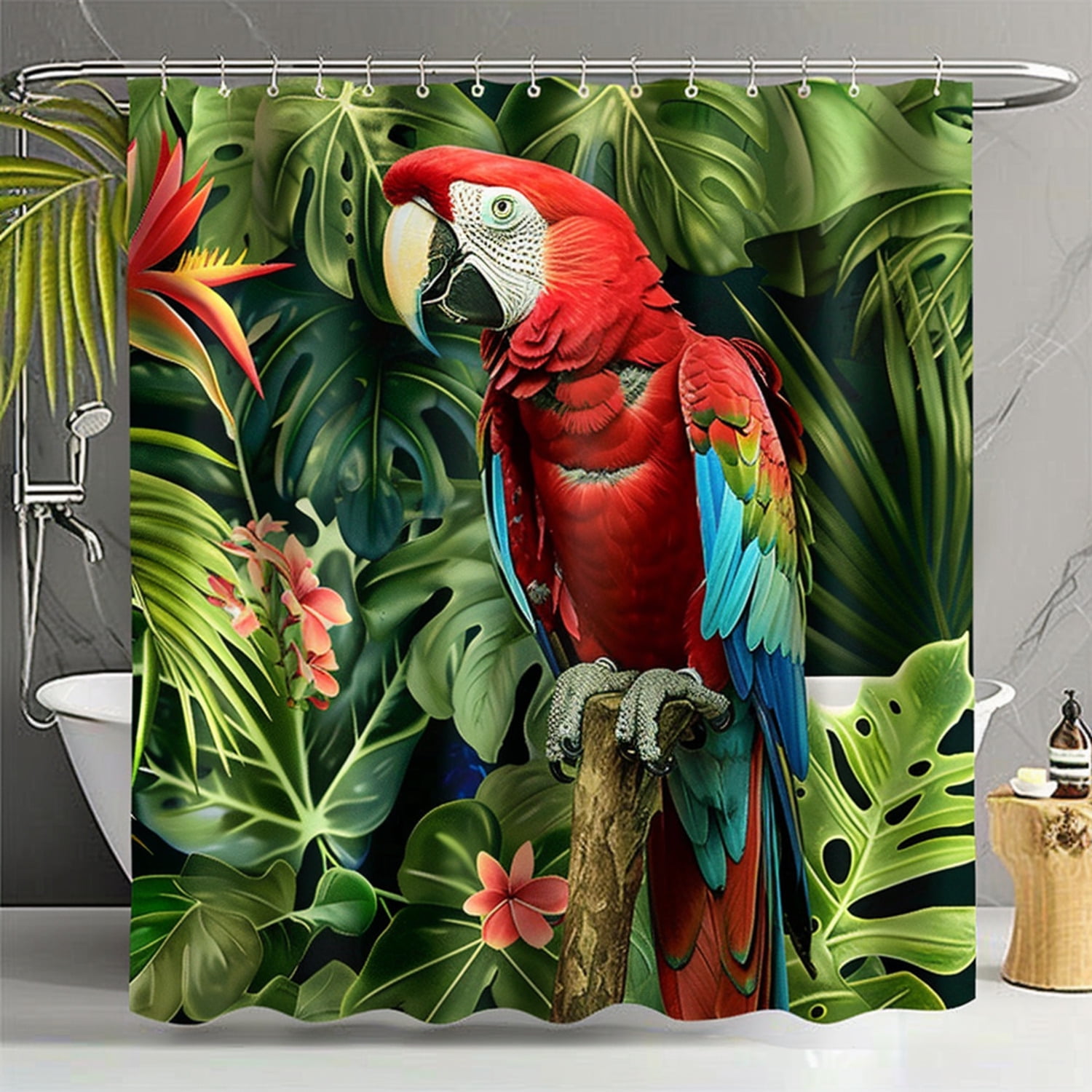Tropical Rainforest Parrot Shower Curtain Lush Green Leaves & Exotic ...