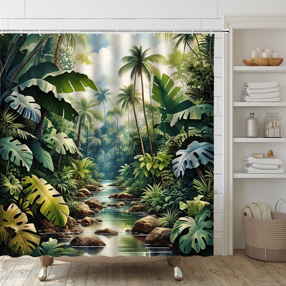 Tropical Rainforest Plam Leaf Shower Curtain Set Forest Tree Green ...