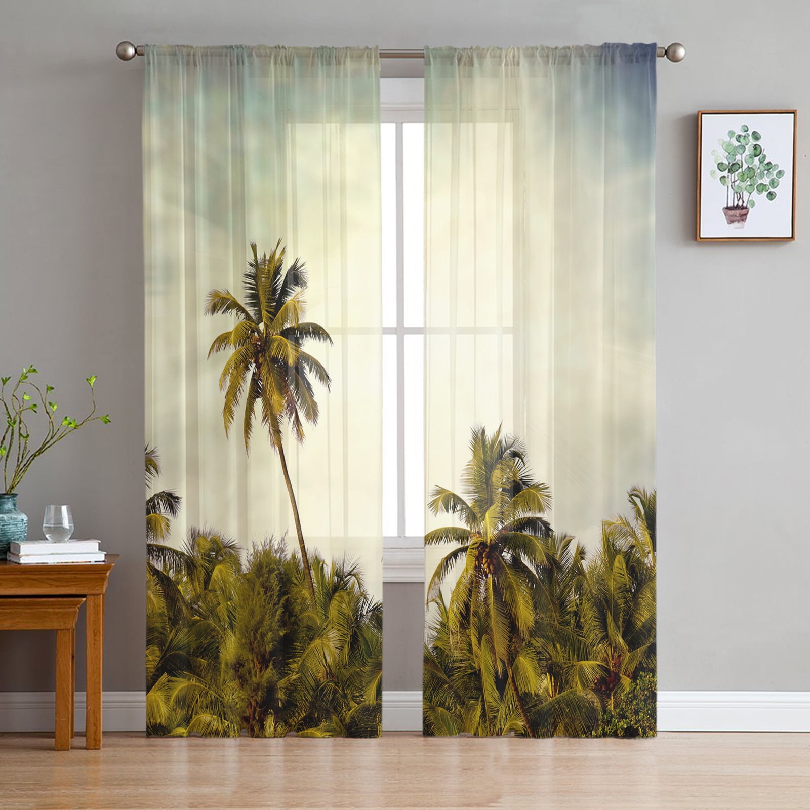 Tropical Rainforest Plant Coconut Tree Retro Sheer Curtains for Living ...