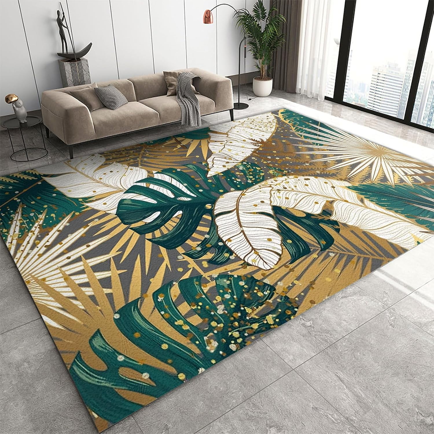 Tropical Rainforest Plants Area Rugs Golden Green Banana Leaves ...