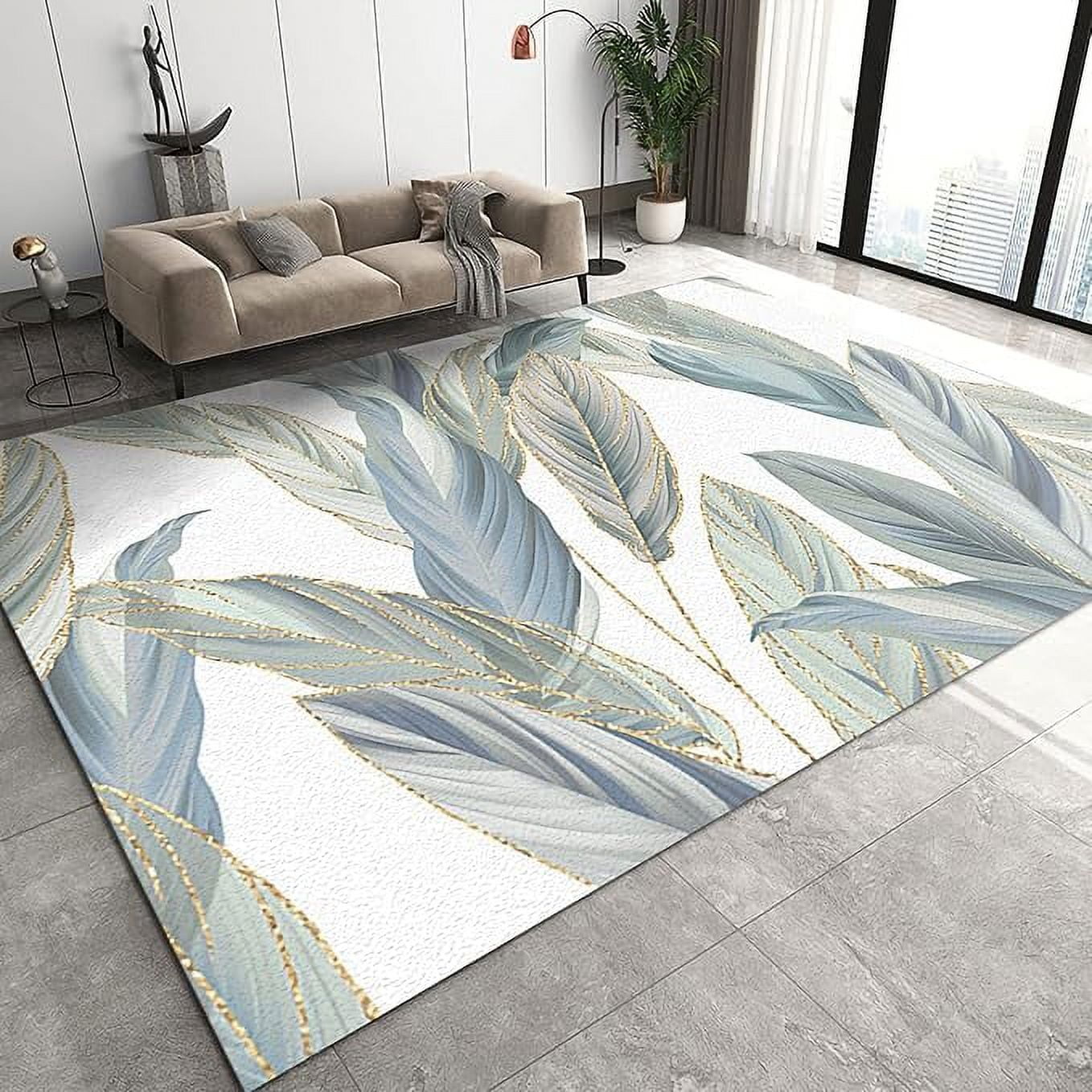 Tropical Rainforest Plants Area Rugs, Luxurious Golden Lines Gray Hand ...
