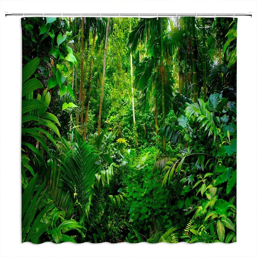 Tropical Rainforest Shower Curtain Green Palm Leaves Jungle Plant