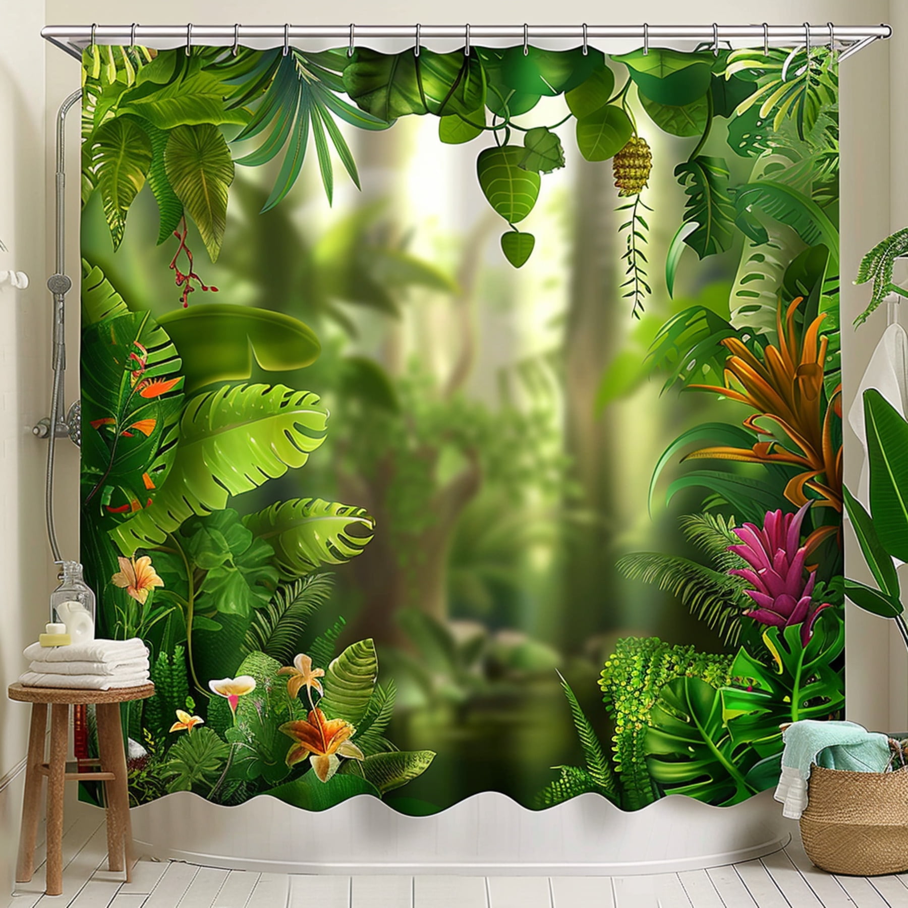 Tropical Rainforest Shower Curtain Green Plants And Flowers Cartoon Style