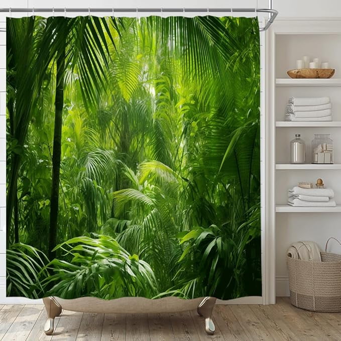 Tropical Rainforest Shower Curtain Jungle Green Forest Palm Tree Leaves ...