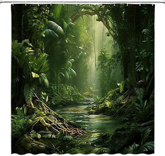 Tropical Rainforest Shower Curtain Jungle Green Forest Palm Tree Leaves ...