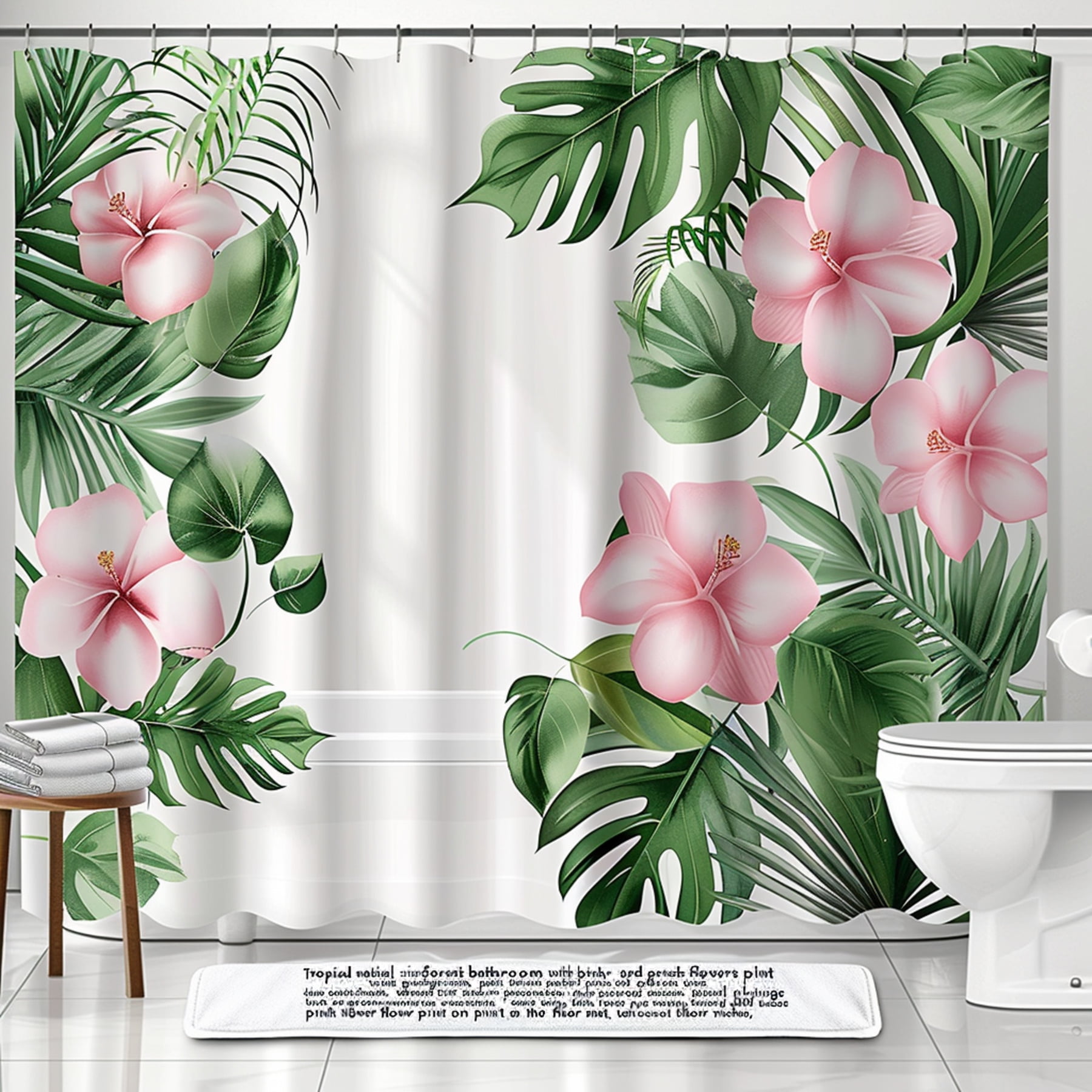 Tropical Rainforest Shower Curtain With Pink Flowers And Monstera