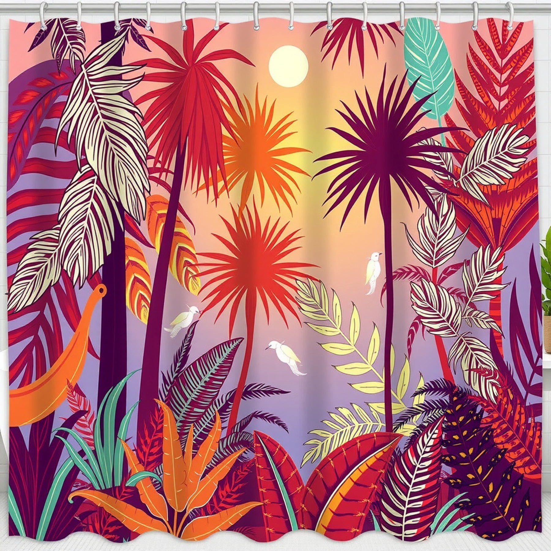 Tropical Rainforest Shower Curtain - Vibrant Sunset Design with Trees ...