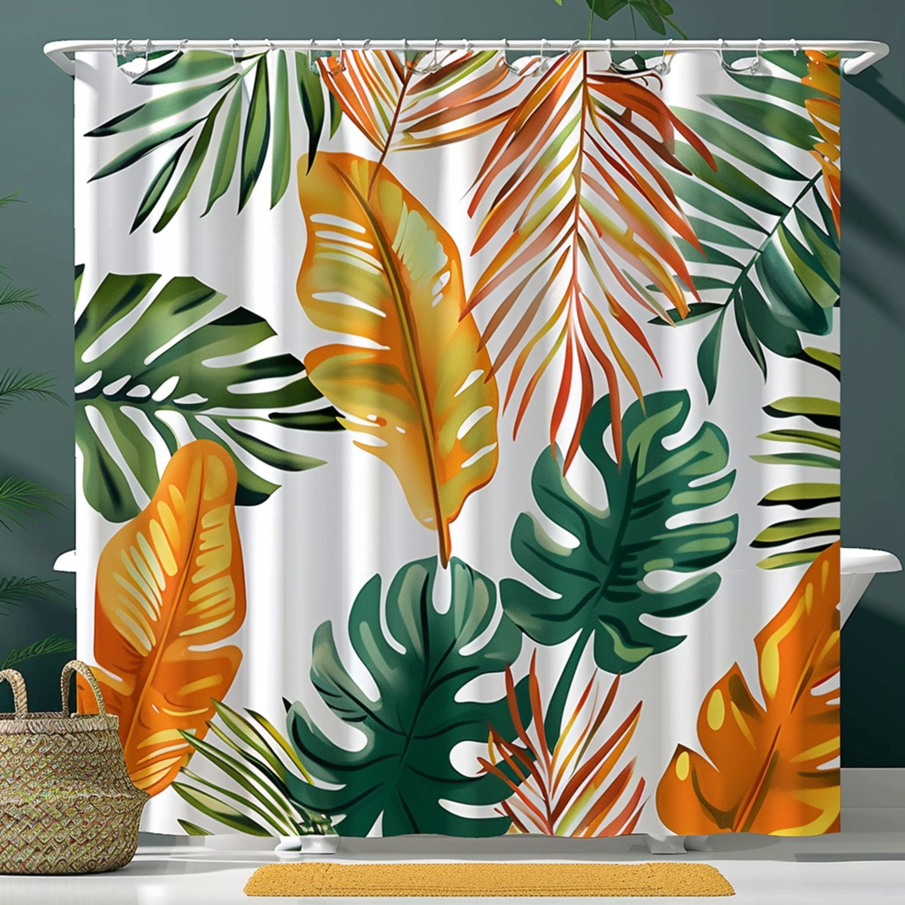 Tropical Rainforest Shower Curtain White Background With Bright Orange
