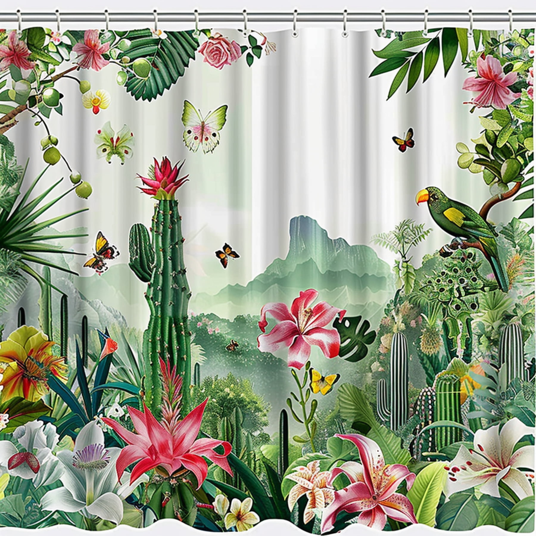 Tropical Rainforest Shower Curtain With Cacti Flowers Butterflies And