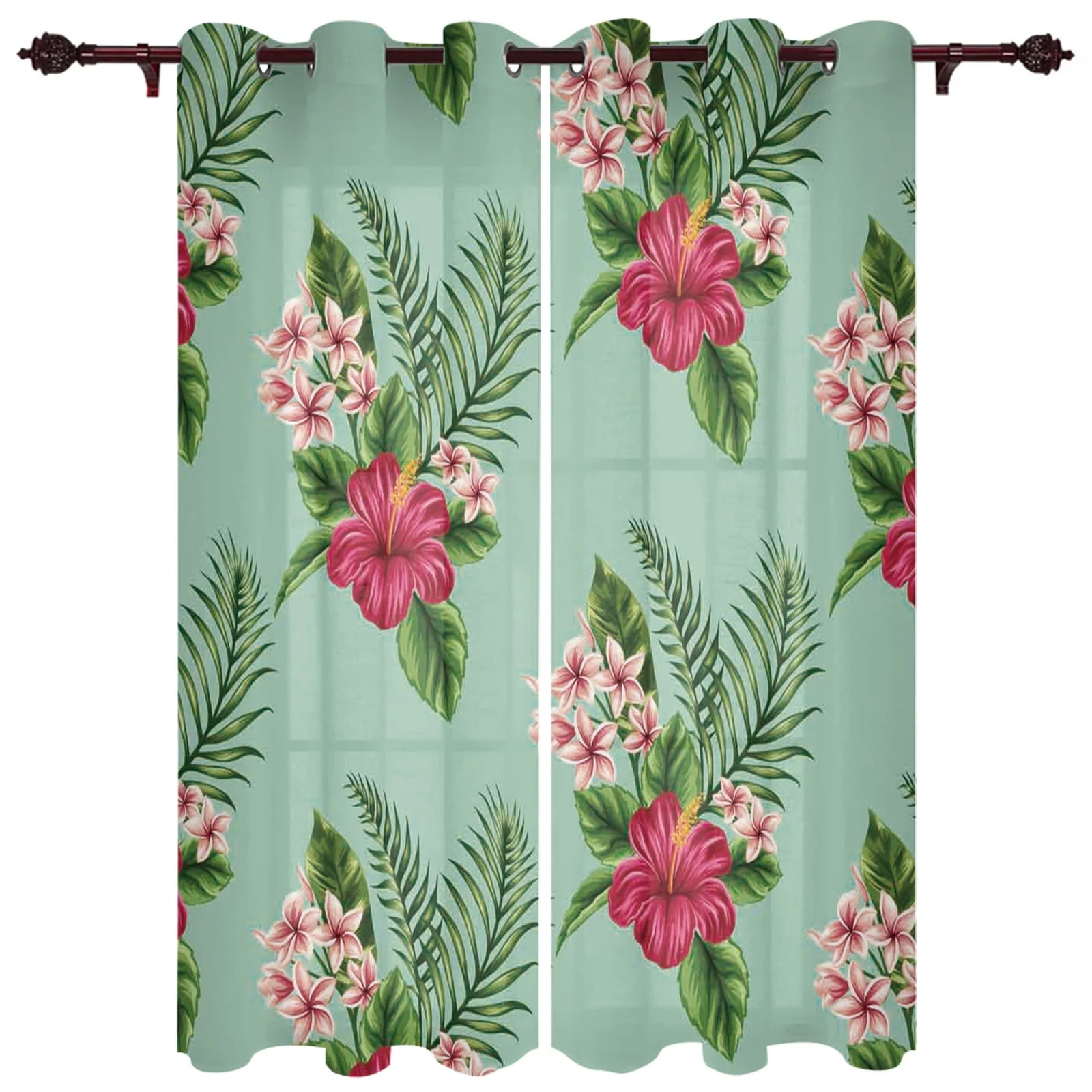Tropical Red Hibiscus Floral Green Palm Leaves Window Curtains For