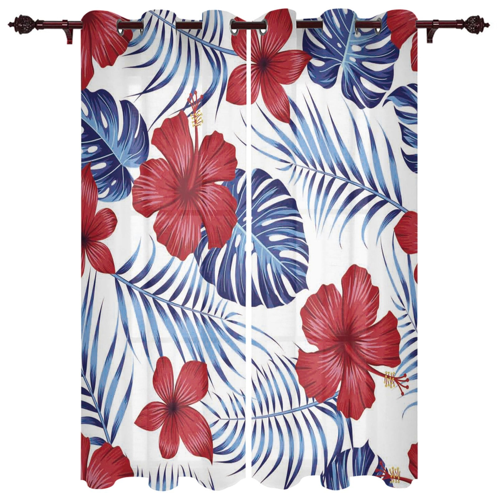 Tropical Red Hibiscus Floral Green Palm Leaves Window Curtains For