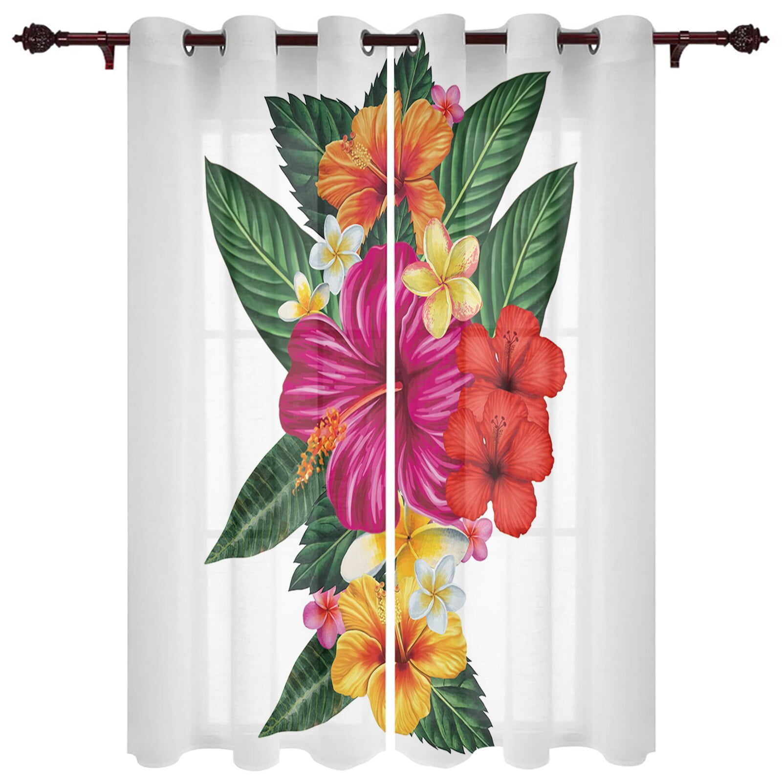 Tropical Red Hibiscus Floral Green Palm Leaves Window Curtains For