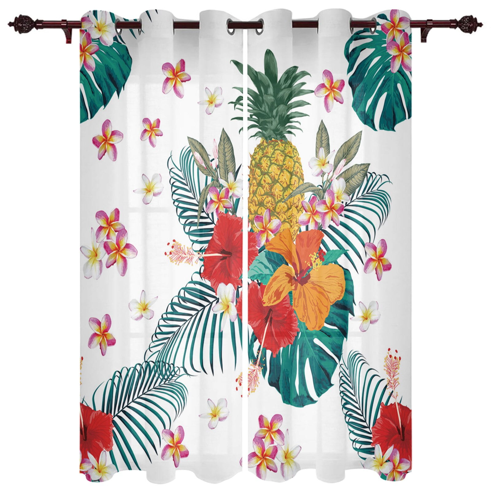 Tropical Red Hibiscus Floral Green Palm Leaves Window Curtains For
