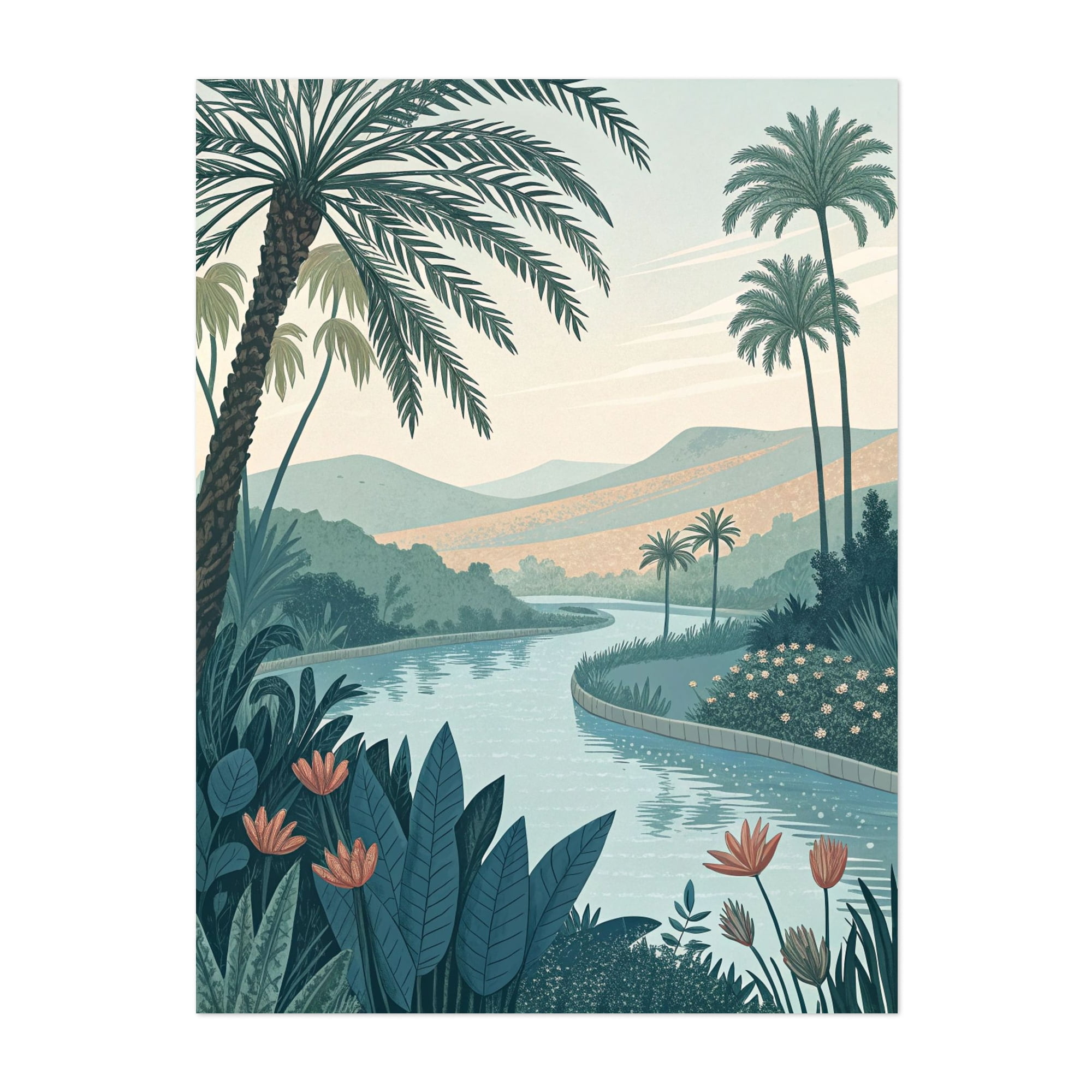 Tropical River Landscape - Illustration Tropical Palm Tree Landscape ...