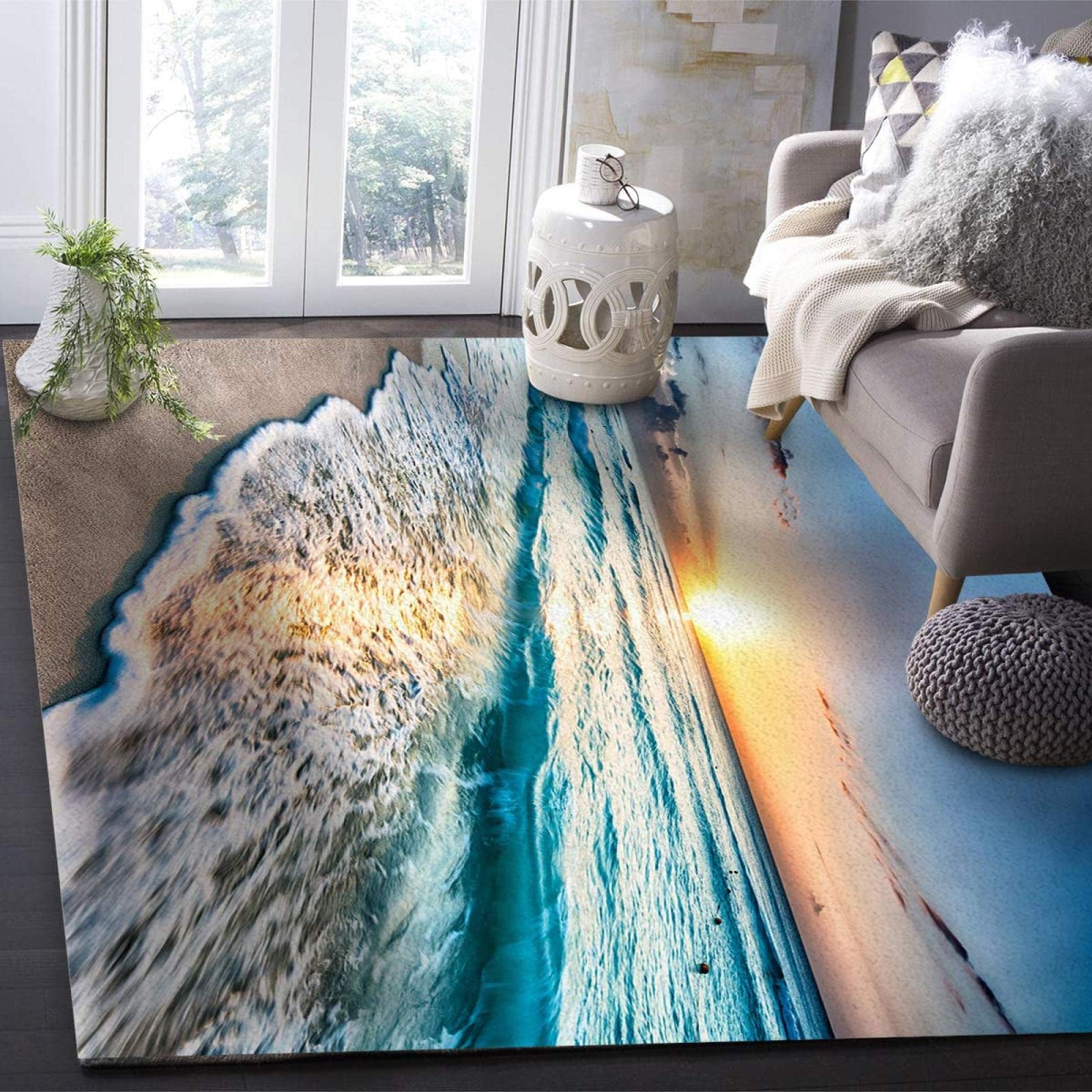 Tropical Sand Beach Sea Waves Area Rug, Sunrise Seaside Scene ...