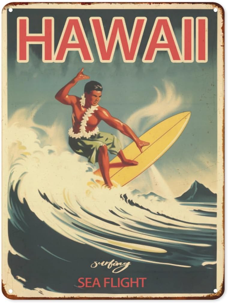 Tropical Scenery Tin Sign Hawaii Sea Flight Surfing Signs Retro Metal ...