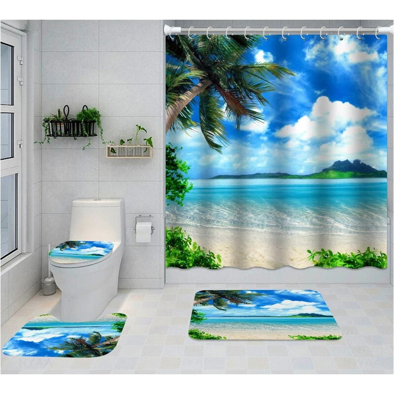 Tropical Sea Beach Ocean Waves Shower Curtain Set Seaside Reef Scene ...