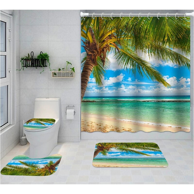 Tropical Sea Beach Ocean Waves Shower Curtain Set Seaside Reef Scene ...