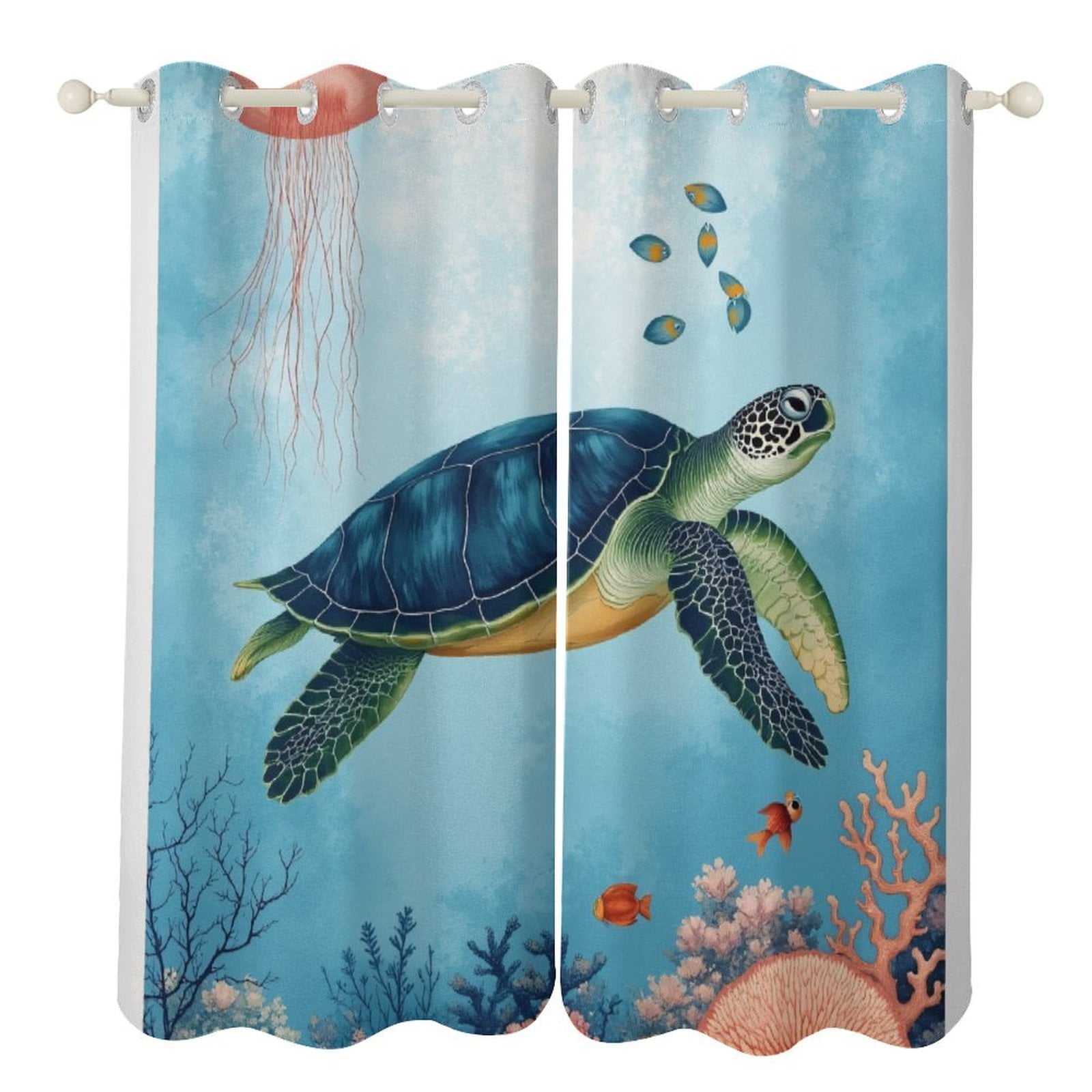 Tropical Sea Turtle And Coral Reef 2 Panels 3D Printing Pattern Curtain ...