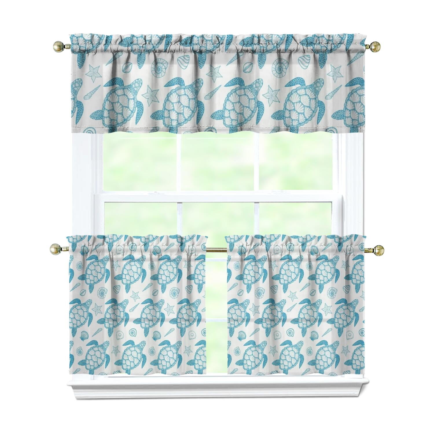 Tropical Sea Turtle Caf Curtains 3 Pack - Cute Cartoon Turtles on Beach, Nautical Semi-Sheer ...
