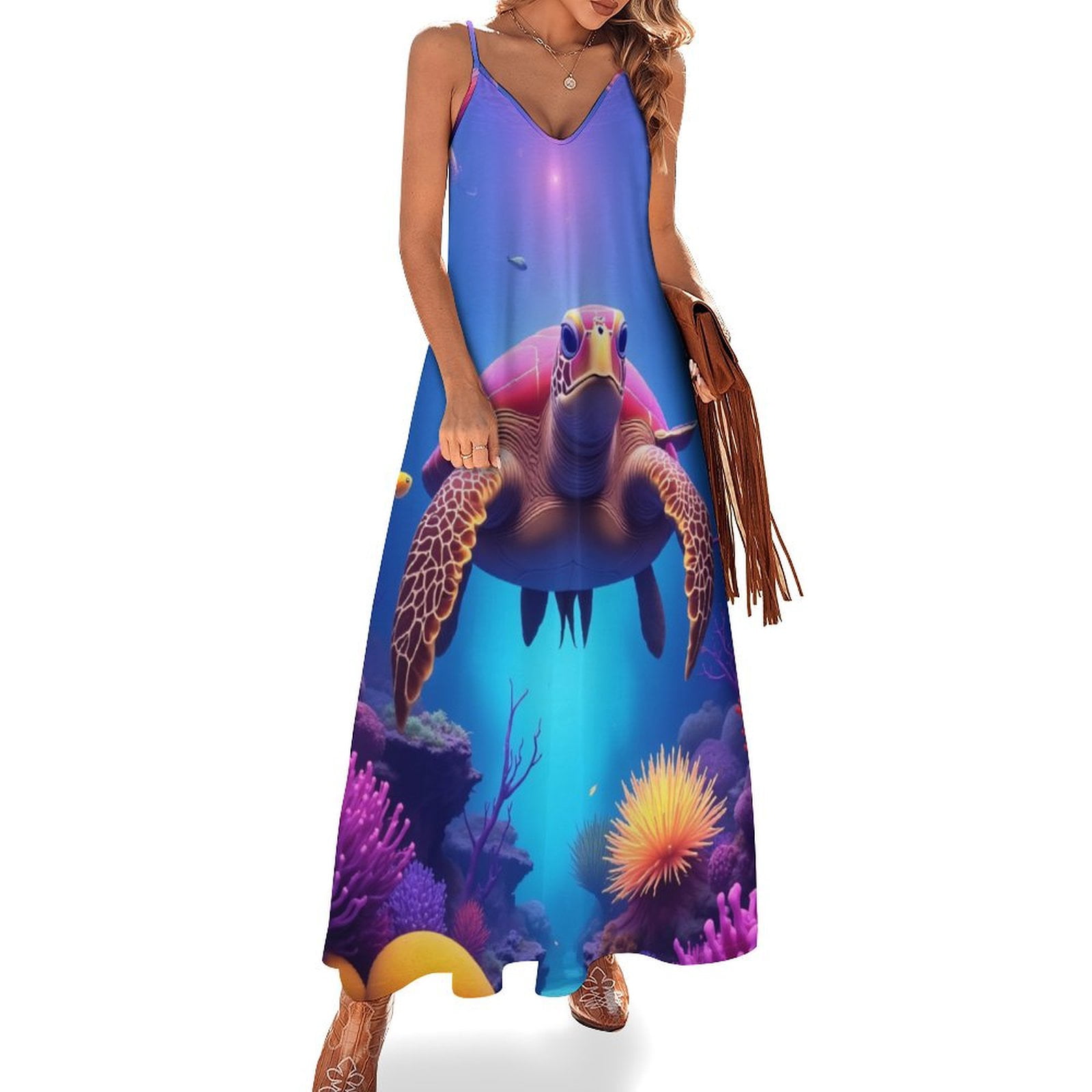 Tropical Sea Turtle Coral Reef Sleeveless Dress Woman Fashion Long ...