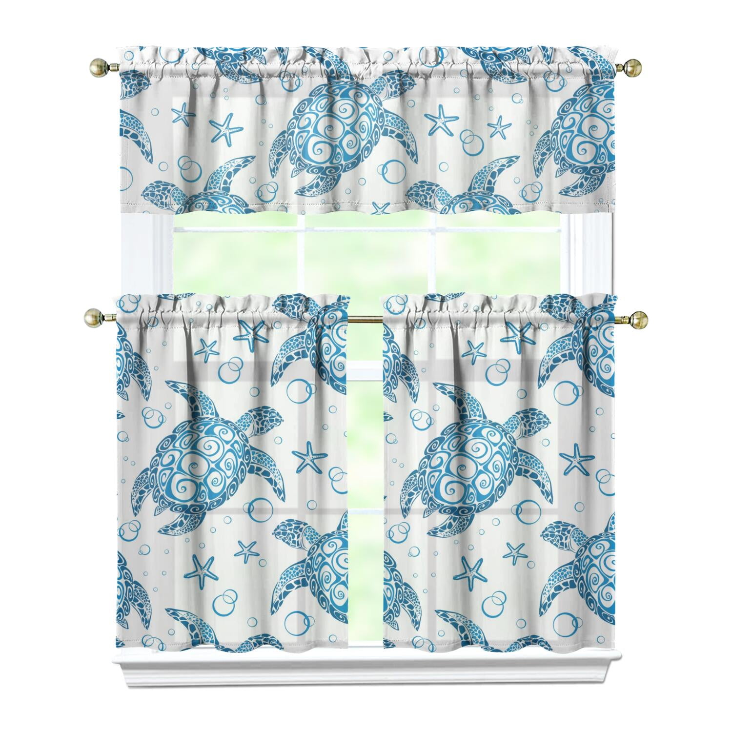 Tropical Sea Turtle Kitchen Curtains 3-Piece Set - Nautical Coral Reef ...