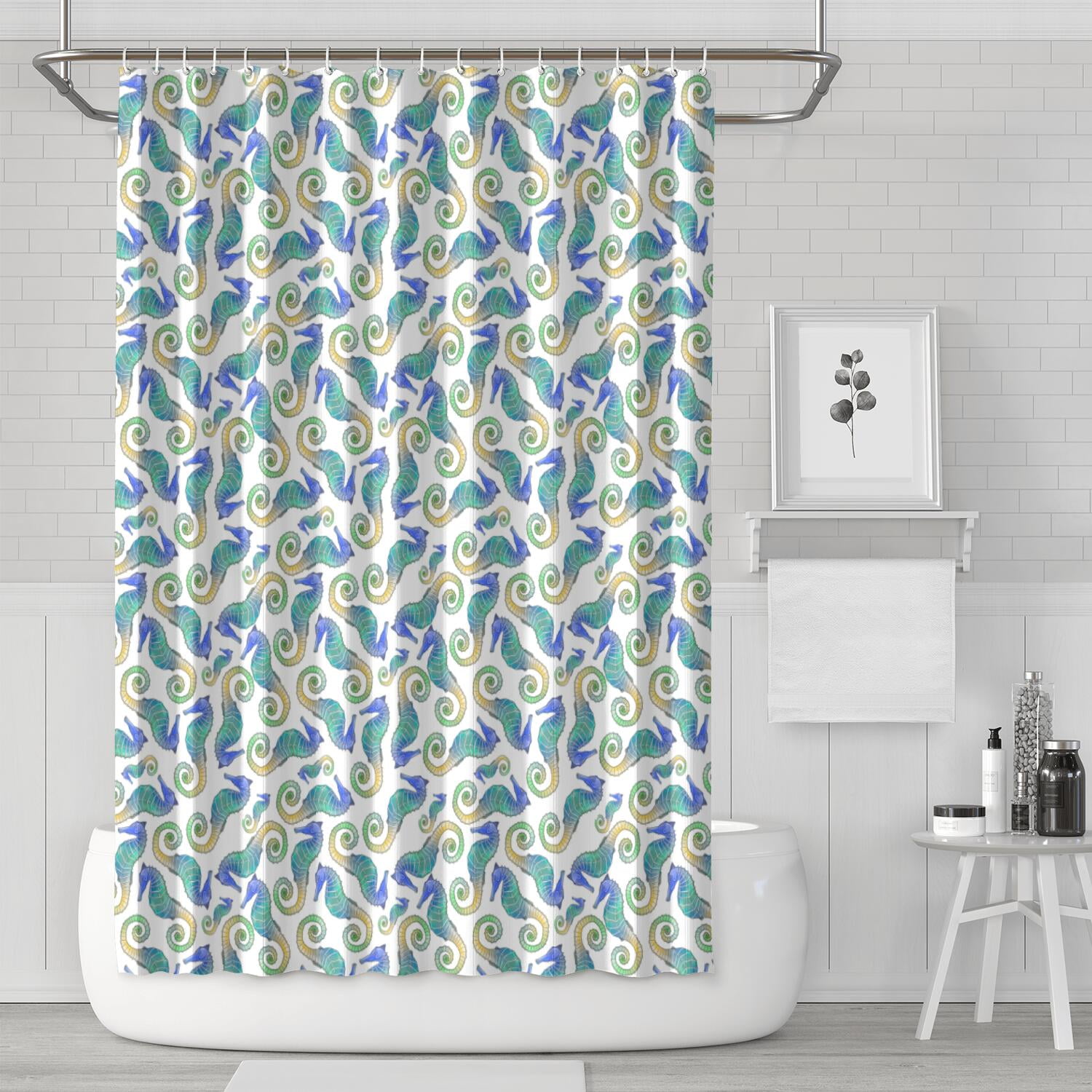 Tropical Seahorse Bath Curtain - Coastal Underwater Marine Life Design ...