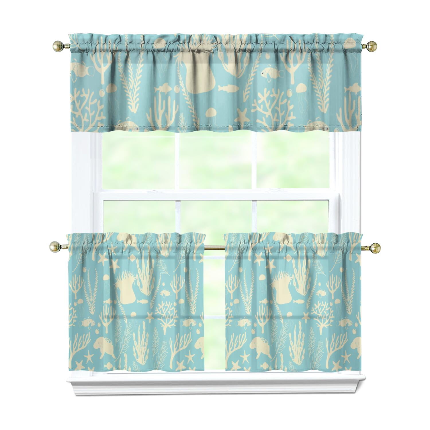 Tropical Seashell Kitchen Curtains Set Nautical Beach Marine Coral Starfish Spiral Seashell Cute ...