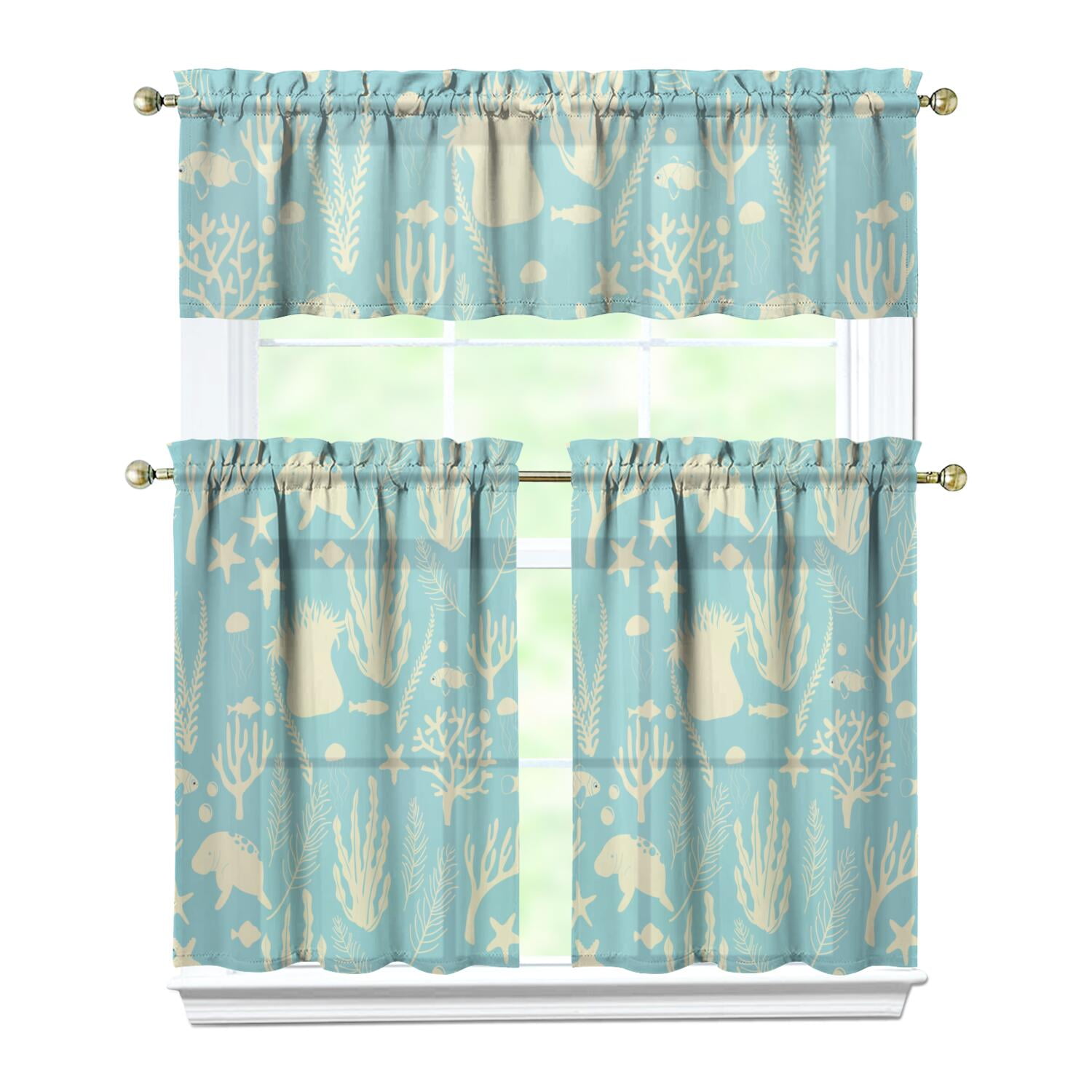 Tropical Seashell Window Curtains Set of 3, Farmhouse Kitchen Curtains ...