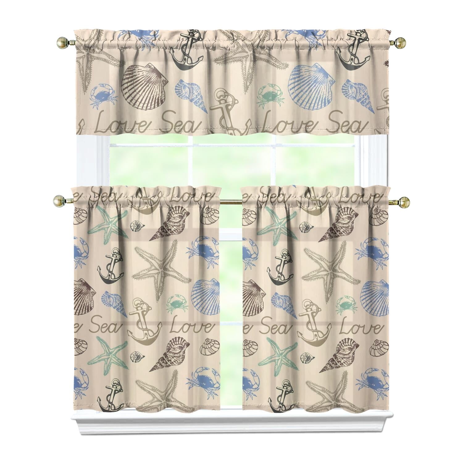 Tropical Seaside Kitchen Curtains 3 PC, Starfish & Fish Print, White ...