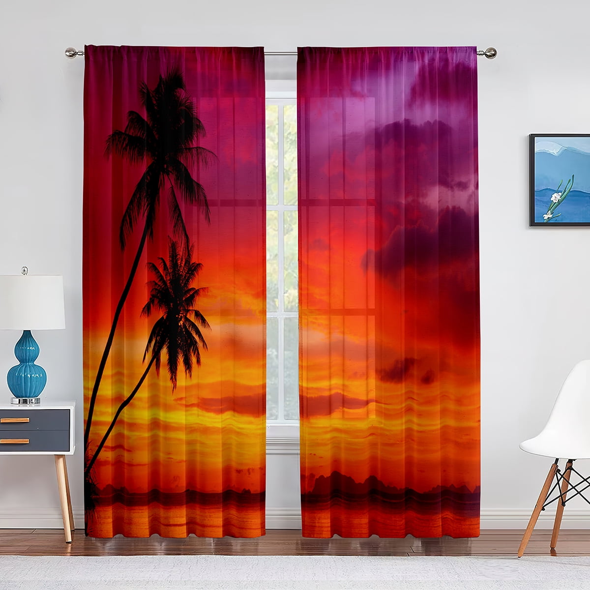 Tropical Sheer Voile Curtain Exotic Sunset Above The Sea Scenery ...