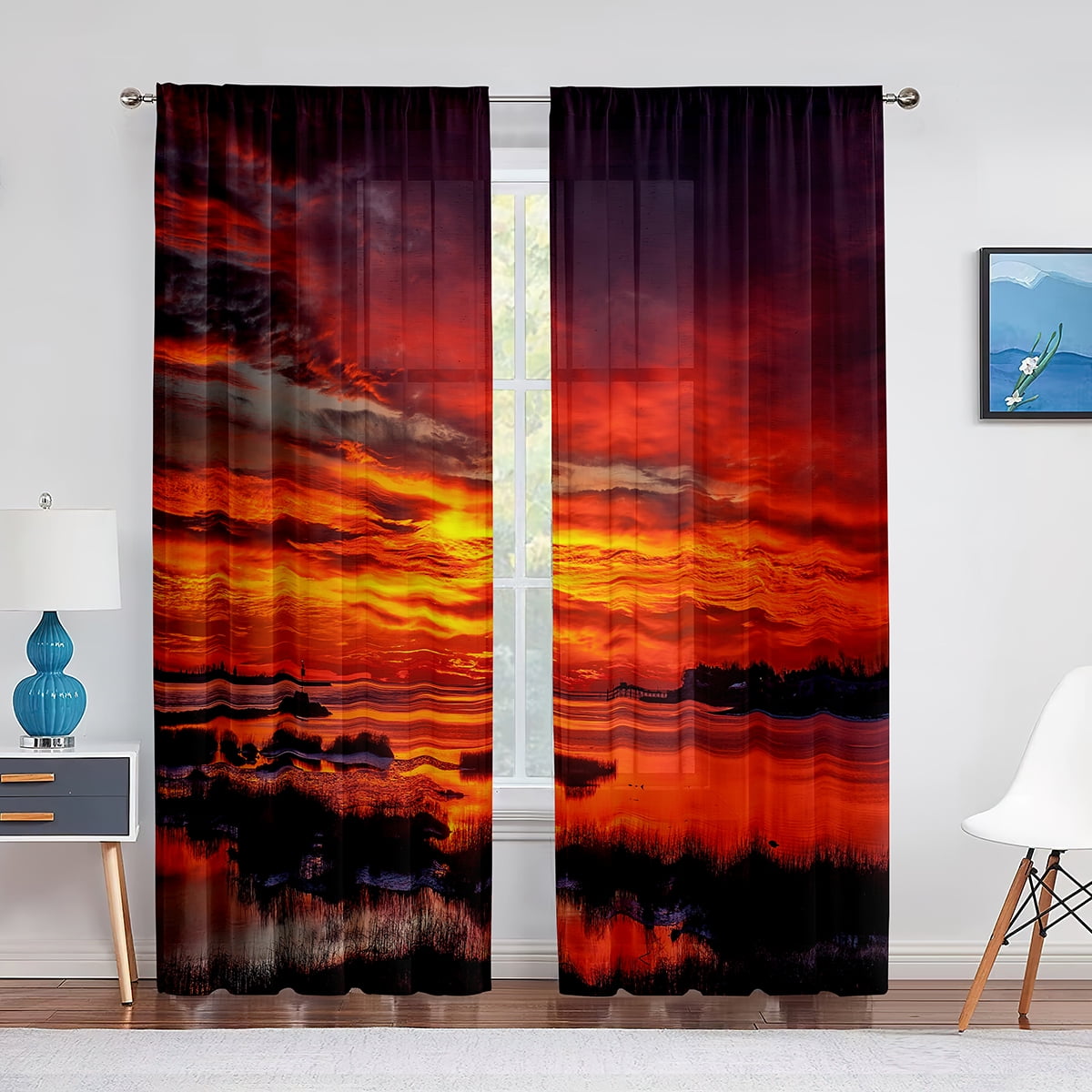 Tropical Sheer Voile Curtain Exotic Sunset Above The Sea Scenery ...