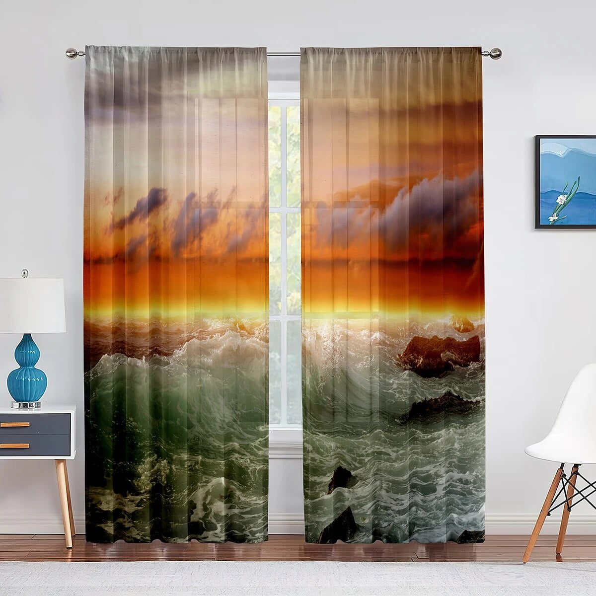 Tropical Sheer Voile Curtain Exotic Sunset Above The Sea Scenery ...