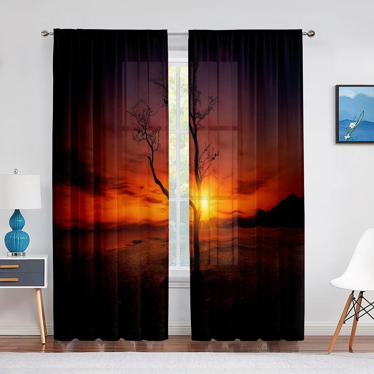 Tropical Sheer Voile Curtain Exotic Sunset Above The Sea Scenery ...