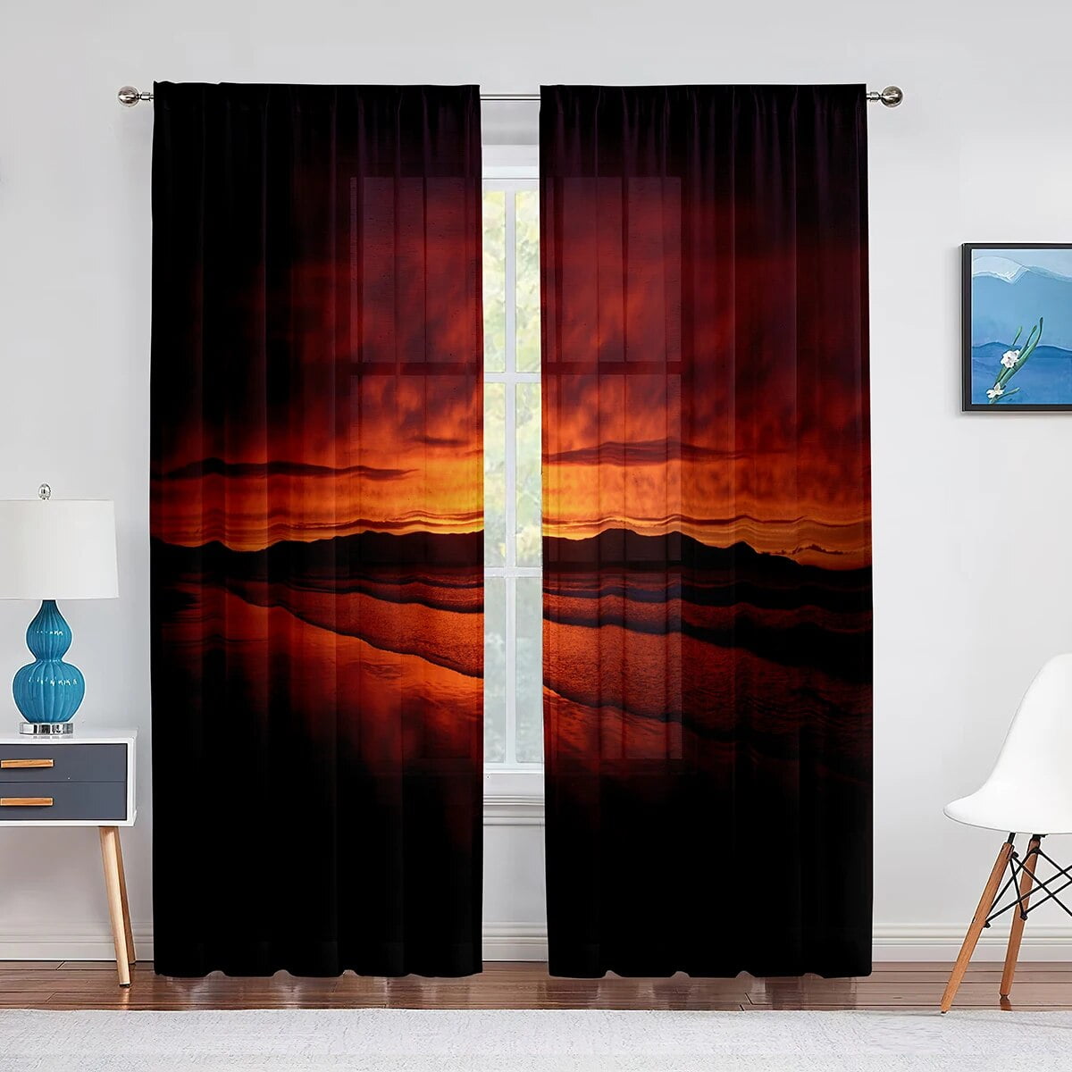 Tropical Sheer Voile Curtain Exotic Sunset Above The Sea Scenery ...