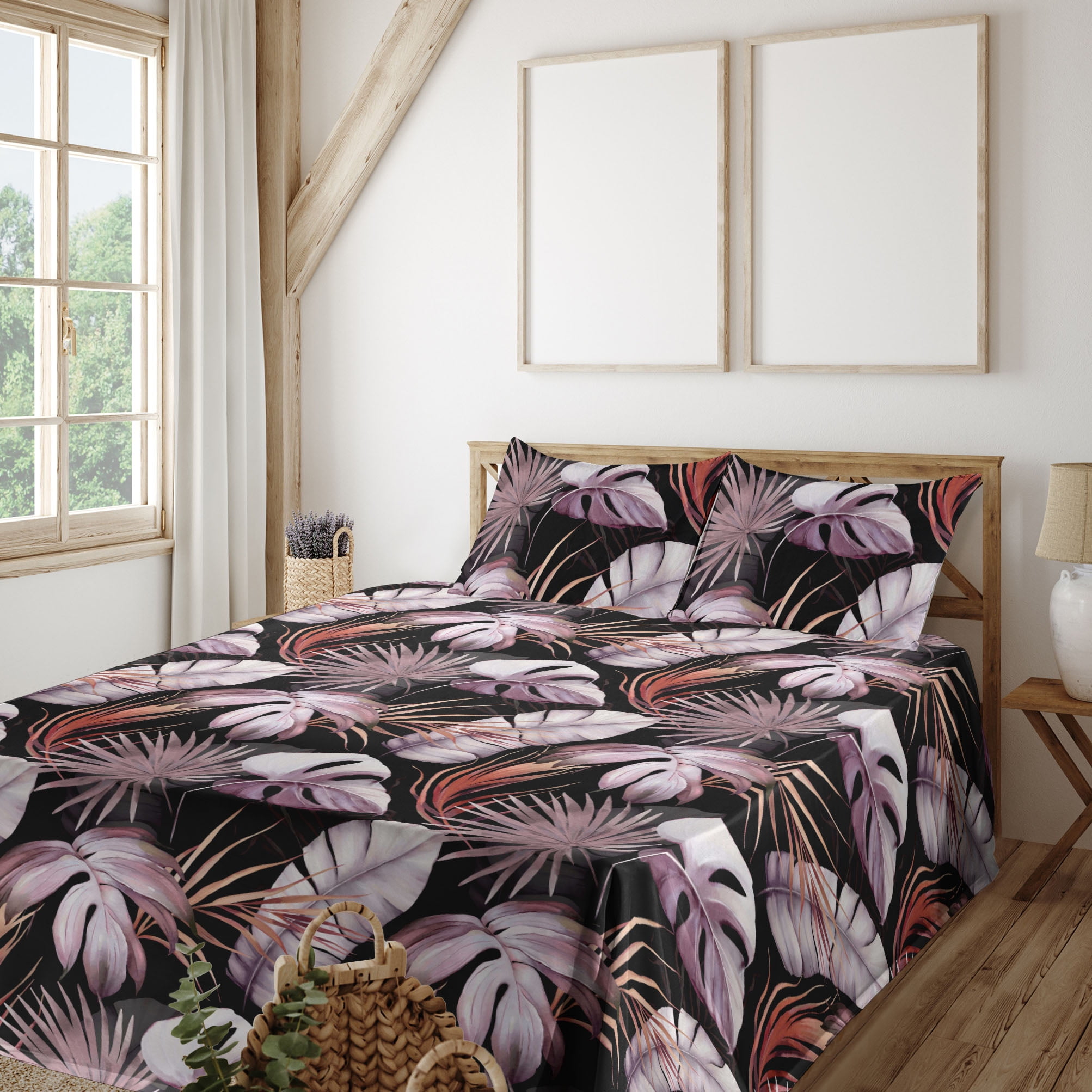 Tropical Sheet Set, Exotic Jungle Leaves on Black Background Watercolor ...
