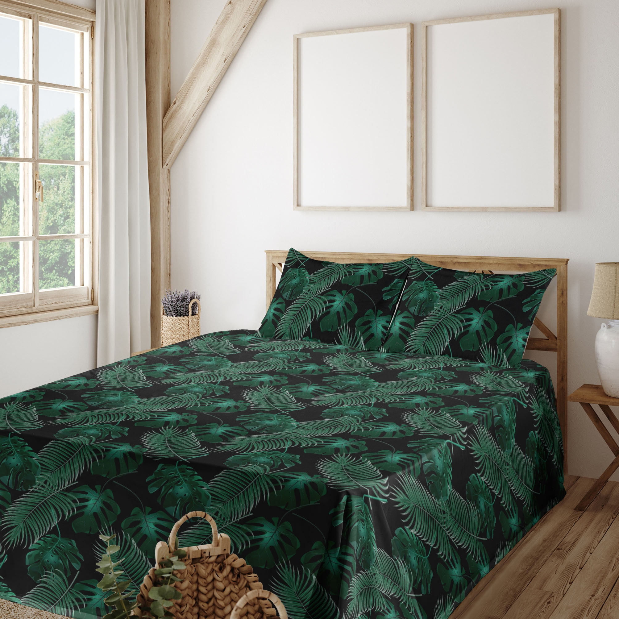 Tropical Sheet Set, Exotic Monstera and Palm Tree Leaves Pattern Summer ...