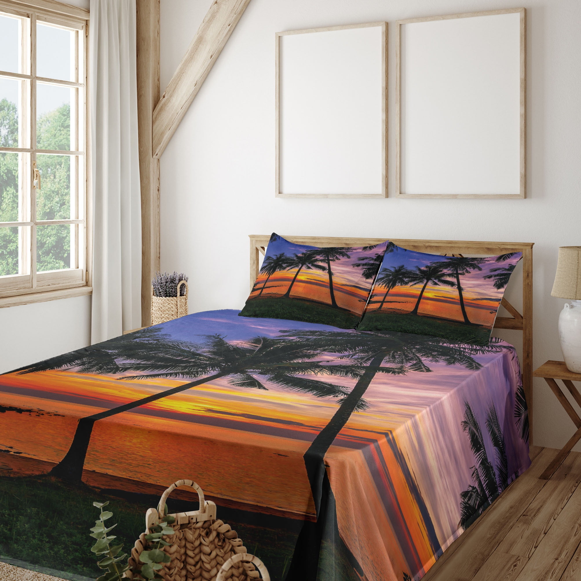 Ambesonne Tropical 4 Piece Sheet Set, Exotic Palm Trees Pattern, Beach ...