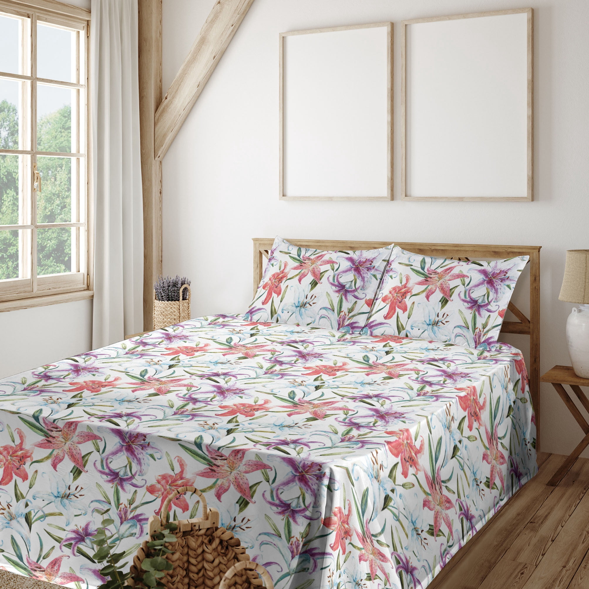 Tropical Sheet Set, Multicolored Lilies with Leaves Watercolor Exotic ...