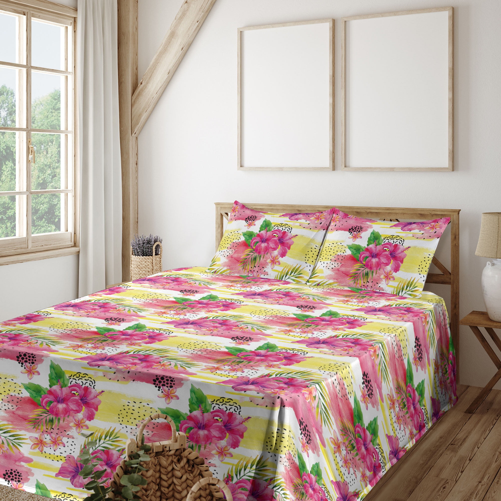 Tropical Sheet Set, Plumeria Hibiscus Flowers Leaves with Brush Strokes ...