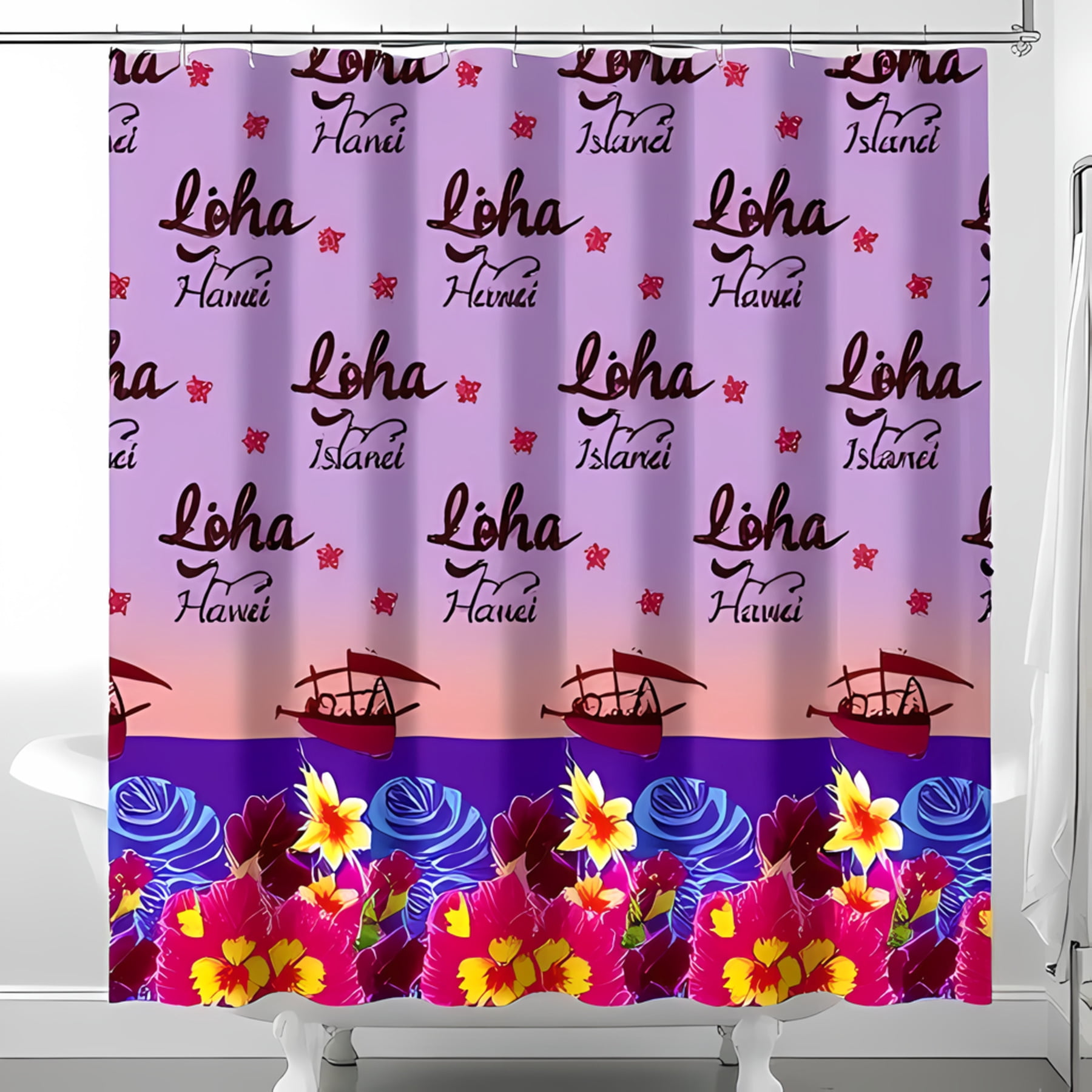 Tropical Shower Curtain with 'Loha Hawai'i' Script Pink Stars Gradient ...