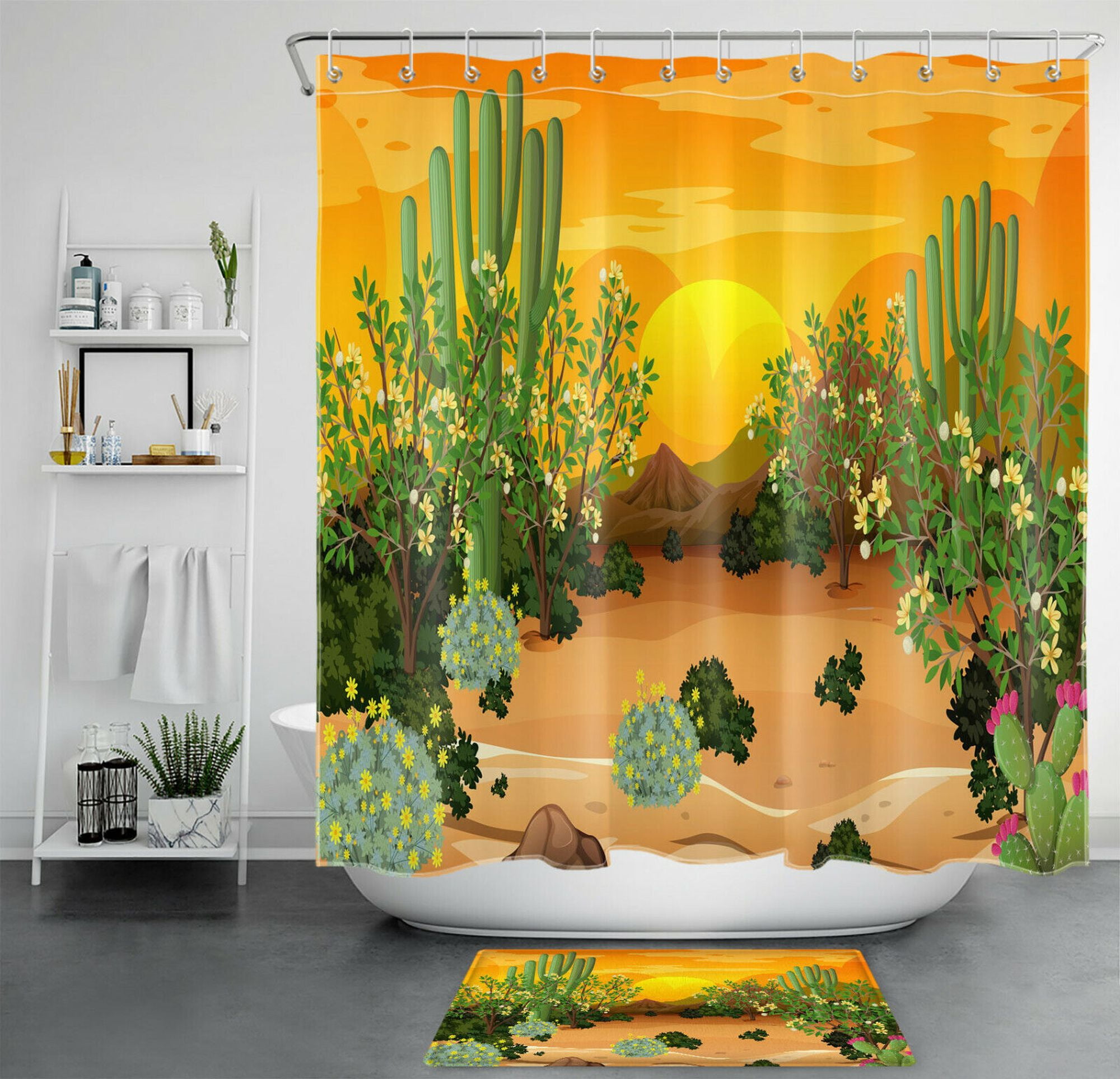 Tropical Shower Curtain With Nature Inspired Greenery And Cacti Design
