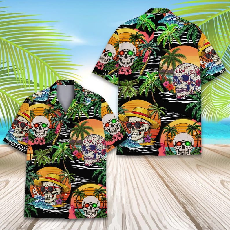 Tropical Skull Hawaiian Shirt Men Women Youth, Vibrant Shirt with Palm Waves, Skull Button-Down ...