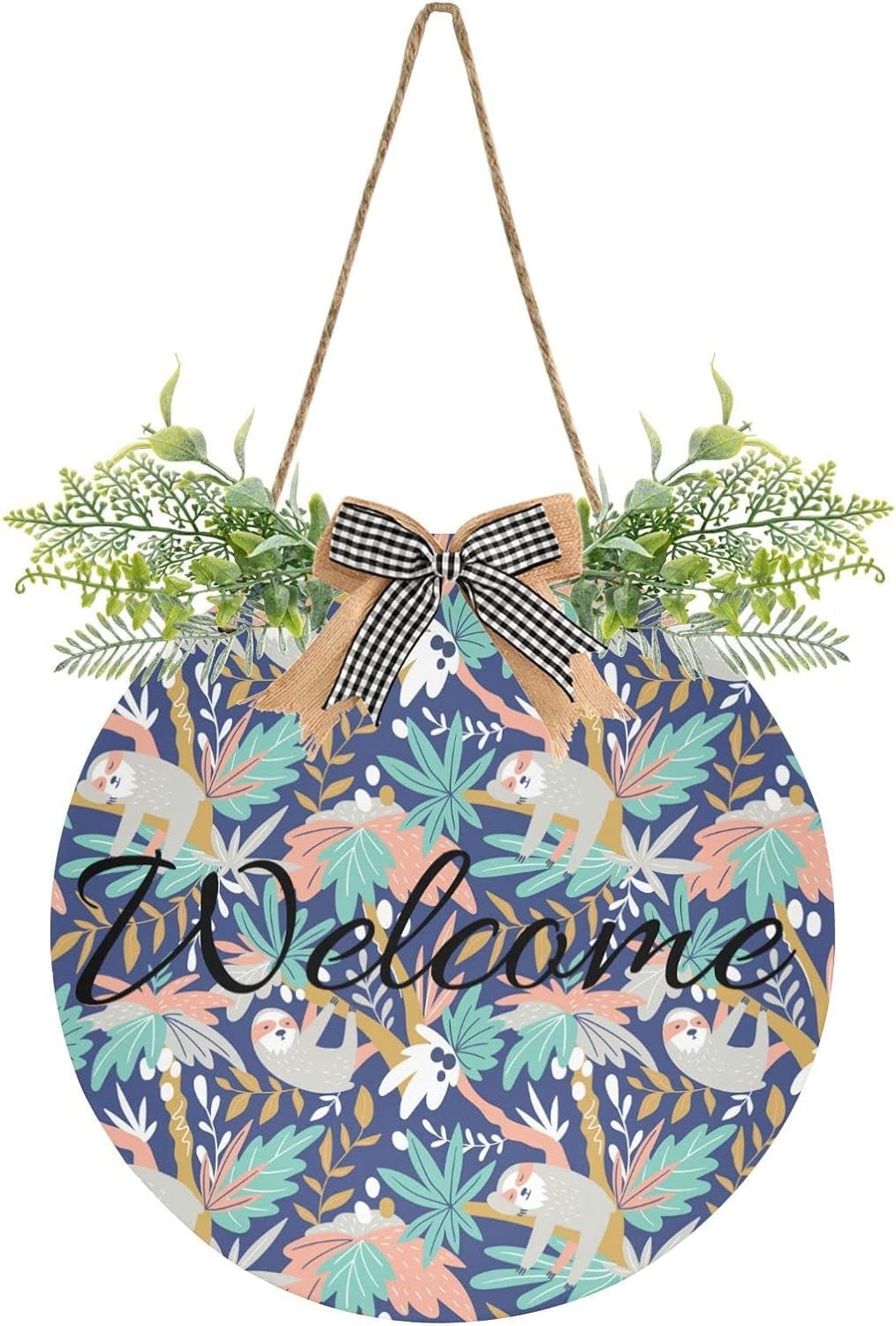 Tropical Sloth Welcome Sign for Front Door, Round Sign Hanging Welcome ...