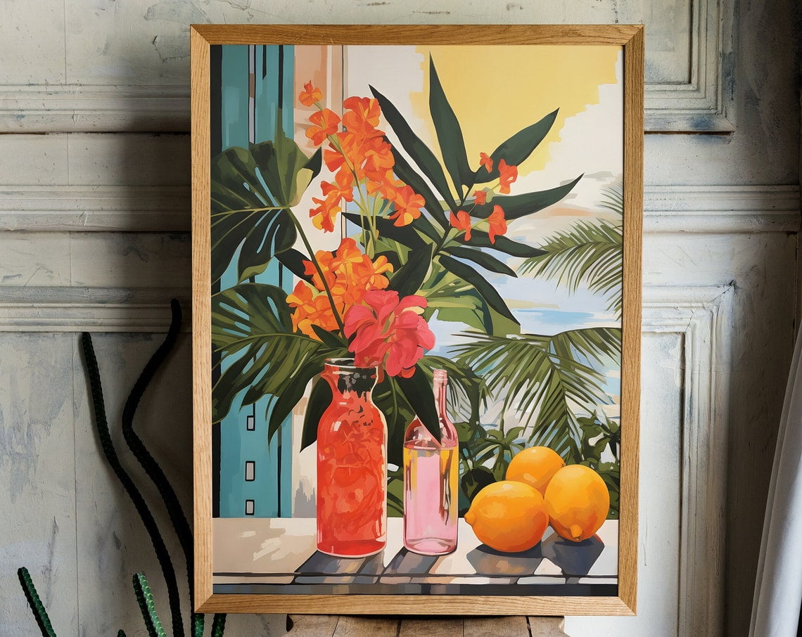 Tropical Still Life Oil Painting, Retro Tropical Landscape Art Print ...